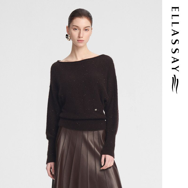 ELLASSAY歌力思秋冬新款真丝羊绒珠片一字领针织衫女EWF354M07800