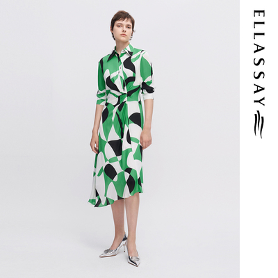 ELLASSAY歌力思春季新款100%桑蚕丝中长款连衣裙女EWF341Y02300