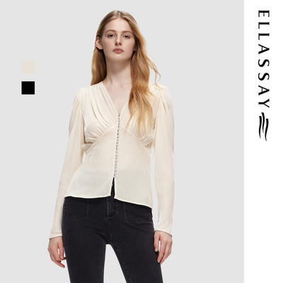 ELLASSAY歌力思秋季新款温柔名媛V领气质修身衬衫女EWD353C00700