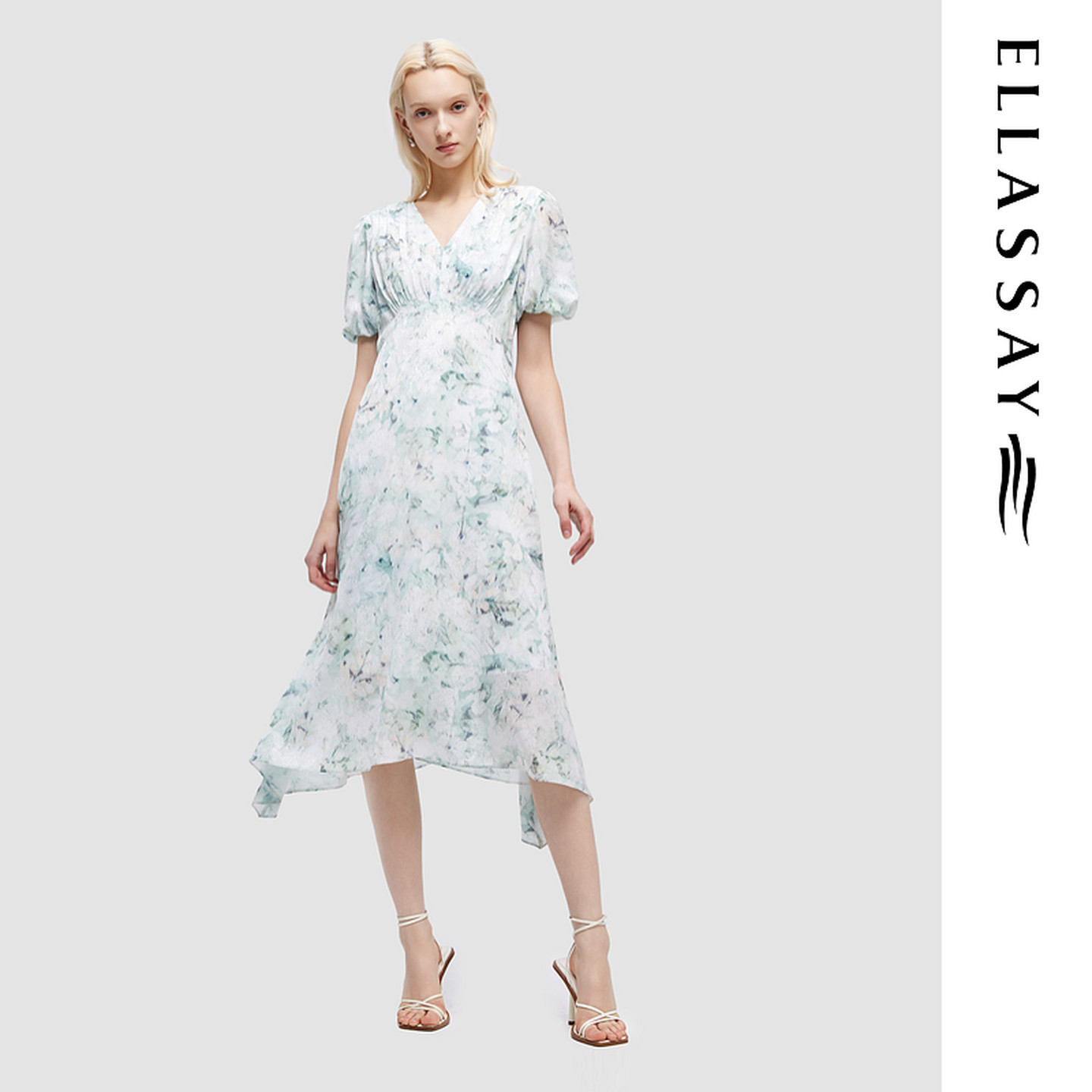 ELLASSAY歌力思夏季新款V领收腰显瘦印花连衣裙女EWD352Y13700