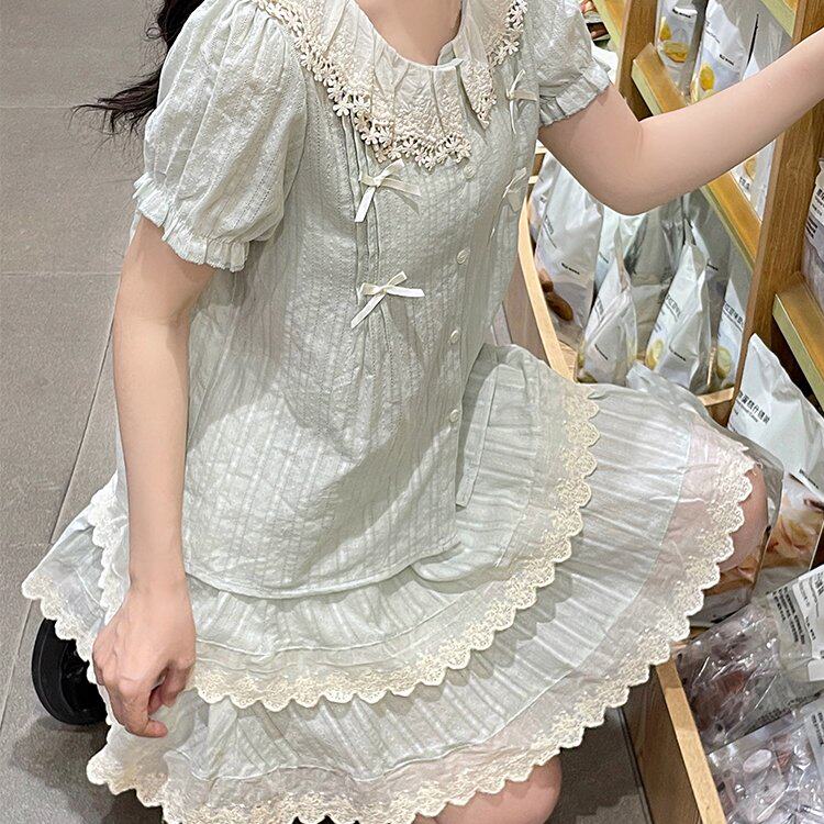 实拍jk学院风制服套装娃娃领花边衬衫+半身裙套装