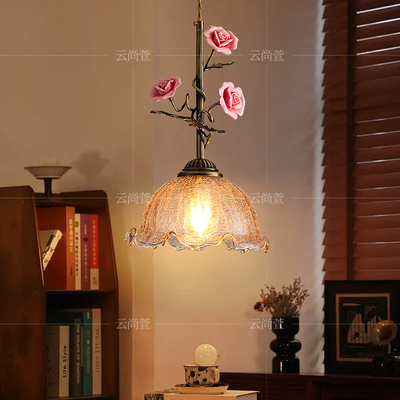 全铜法式床头吊灯氛围玫瑰花朵小吊灯创意个性覆古艺术现代饭厅灯