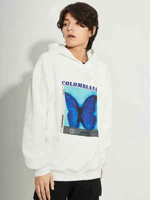 Colombiana/20AW 潮牌水墨蝴蝶印花加绒连帽卫衣国潮嘻哈帽衫情侣