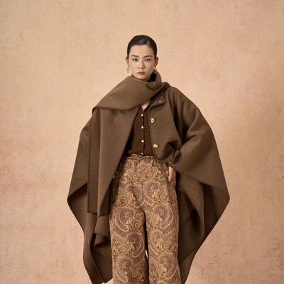 SailingLUO/24冬新款自由造型贝壳绣可拆卸围巾斗篷式大衣