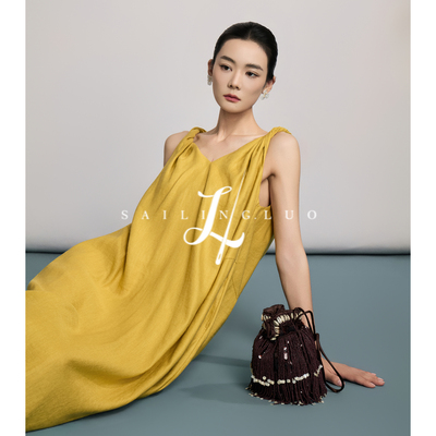 100%天然亚麻透气肩带吊带连衣裙