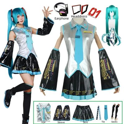 Miku Cosplay Ensemble Complet En Cuir Argenté Tissu Costume