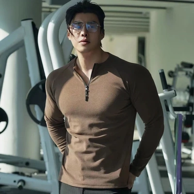 半拉链美式夏季运动T恤男士修身德绒弹力上衣跑步训练健身长袖