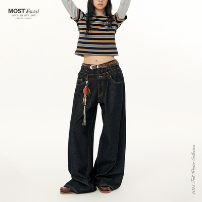 mostwanted 原牛双腰头阔腿牛仔长裤刺绣宽松通勤A字休闲裤26春季