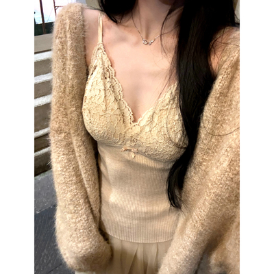 一颗甜桃yikett《糯糯针织》燕麦杏蕾丝拼接显瘦针织吊带背心女