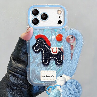 手机壳蓝色M豆小马带挂件尼龙绳