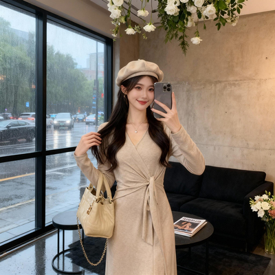 2026春季新款复古V领扭结绑带收腰显瘦包臀长裙女打底连衣裙D4159