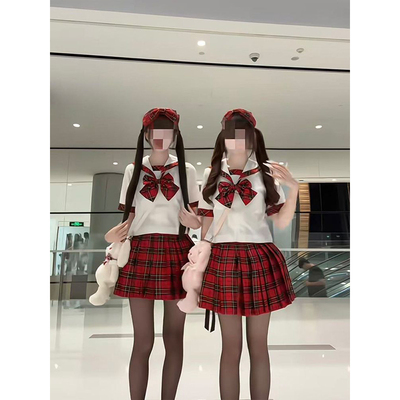 校供感bodyline苏格兰水手服红格子百褶裙甜美学院风日系jk套装