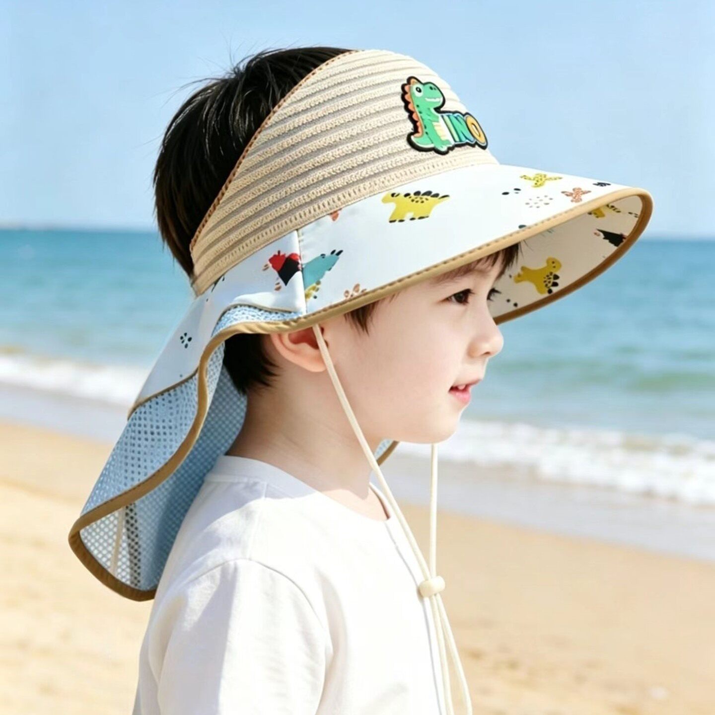 儿童防晒帽大帽檐恐龙披肩帽夏季空顶遮阳帽子男童女童透气太阳帽