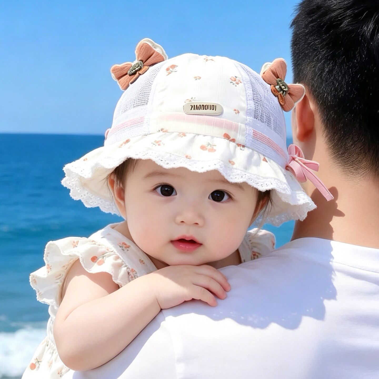婴儿帽子夏季透气网眼可调节渔夫帽女宝宝洋气遮阳蕾丝边防晒盆帽