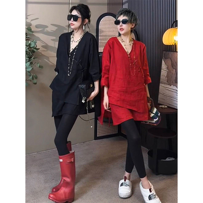 气质纯色七分袖V领遮肉麻衬衫