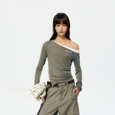 REVAN芮范设计师款质感不对称撞色拼接斜肩单衣RK10801492