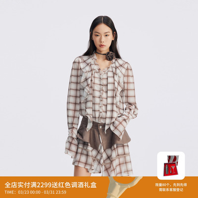 REVAN芮范格纹不对称荷叶边衬衫连衣裙RL71101207