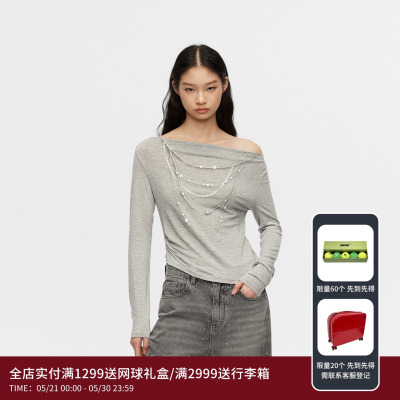 REVAN芮范设计师款辣妹风一字肩珍珠链印花长袖T恤RAS1302018