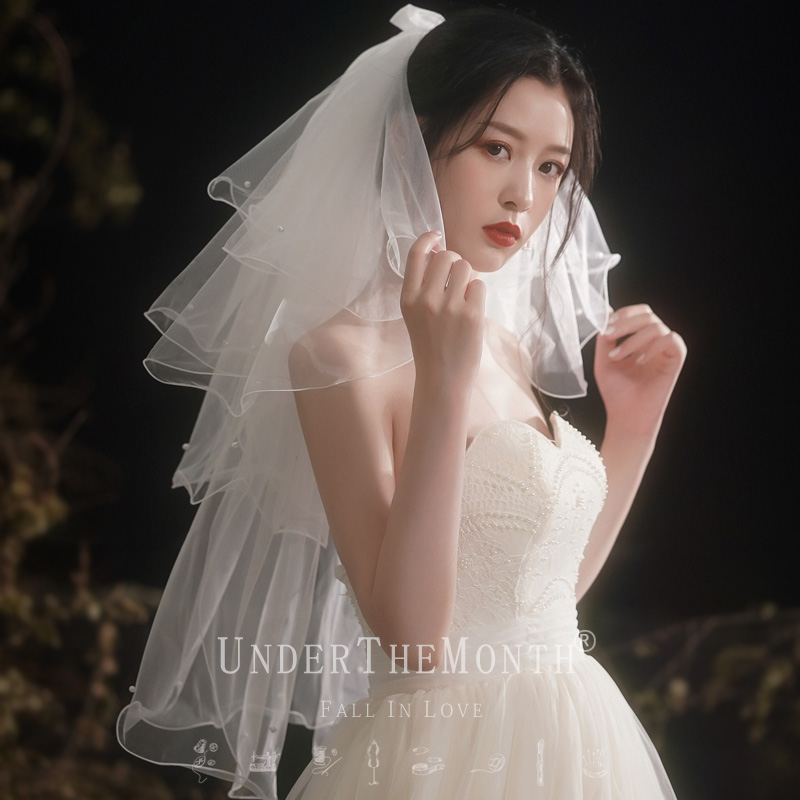 白色蓬蓬头纱新娘结婚主婚纱头纱超仙森系网红拍照道具珍珠头饰女虎窝淘