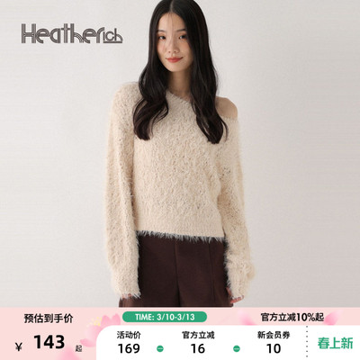 Heatherich毛衣女2026春季新款日系慵懒一字肩长袖上衣598409