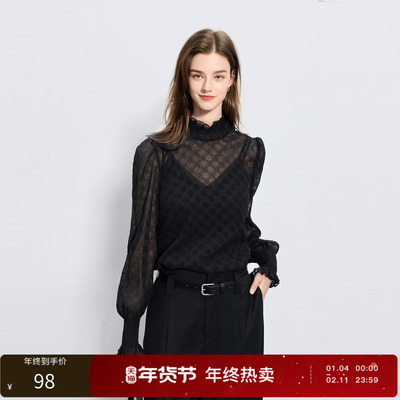 三彩丽雪leisure25秋新款立领半透视蕾丝衫复古灯笼袖套头小衫