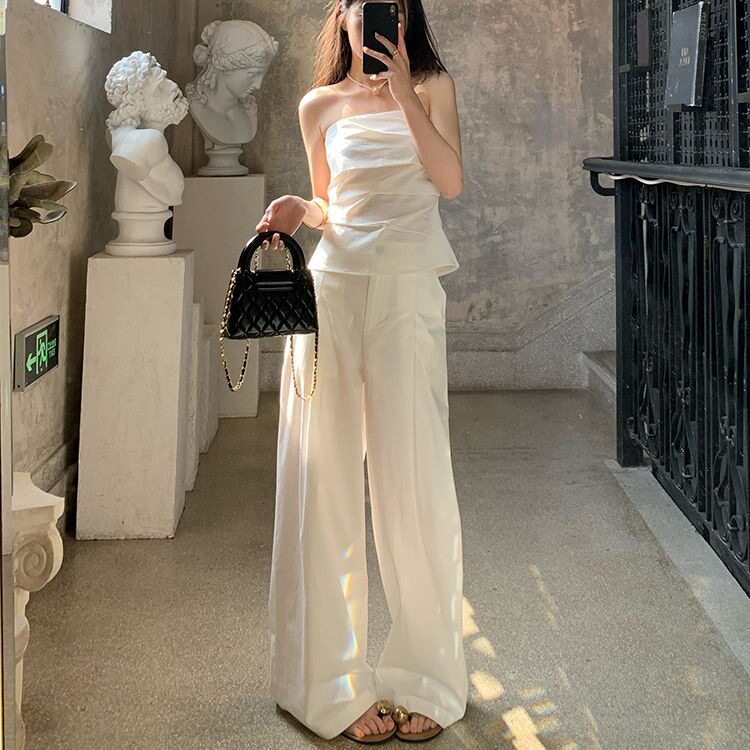 时尚减龄抹胸上衣配高腰阔腿裤两件套夏季时尚设计感套装