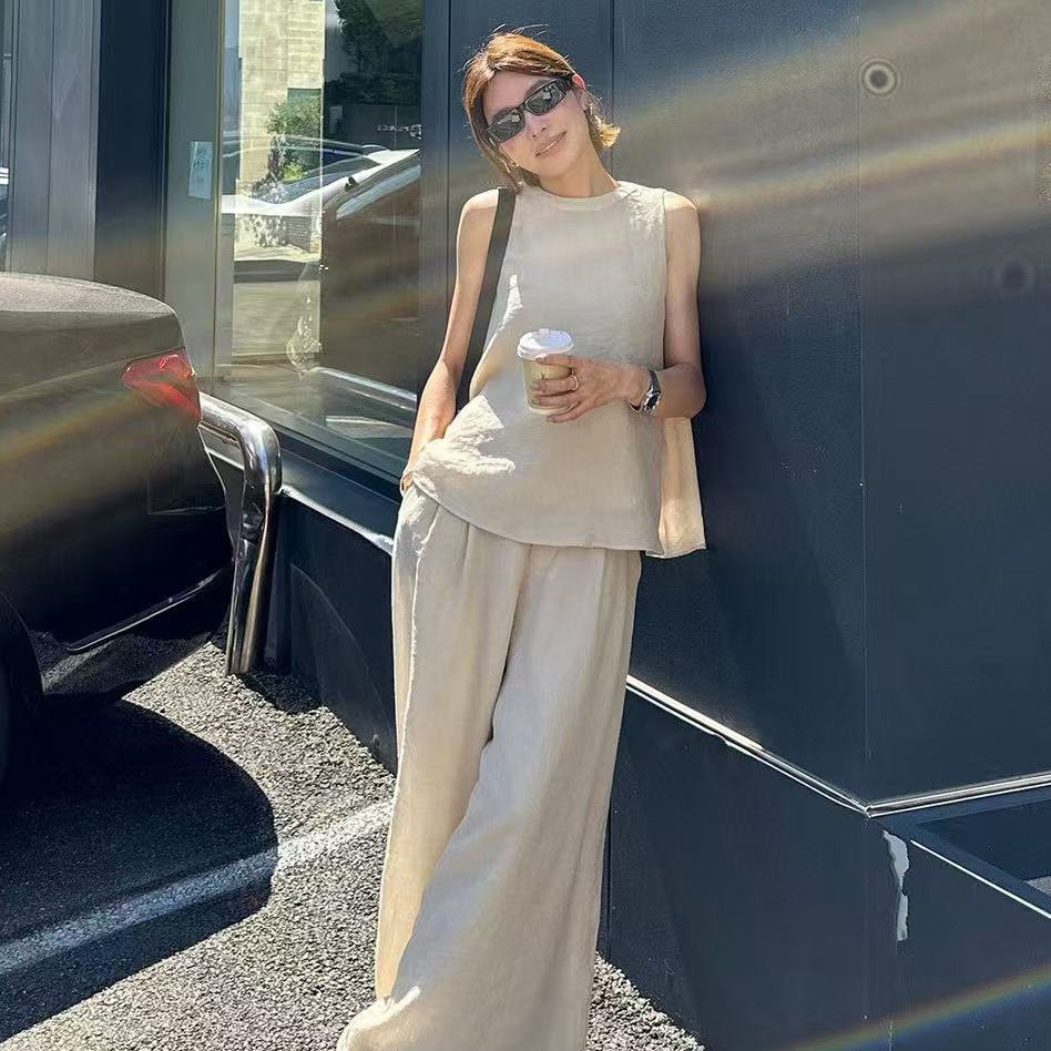 简约风纯色背心+阔腿裤长裤时尚两件套装韩版chic宽松大码女休闲