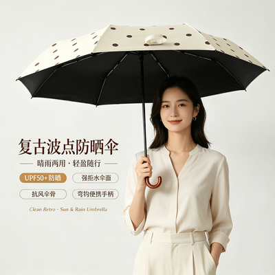 复古波点三折弯钩小洋伞便携黑胶遮阳防晒防紫外线雨伞女晴雨两用