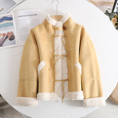 黄色毛领麂皮绒毛毛短外套女