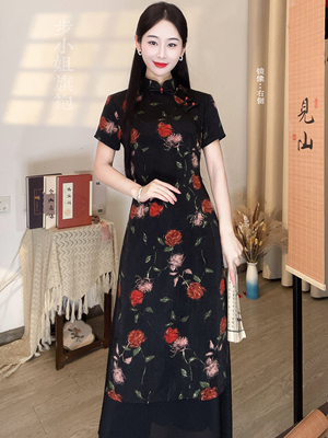 （步小姐-婉约）新品黑色贵气仙气日常旗袍奥黛裙中国风