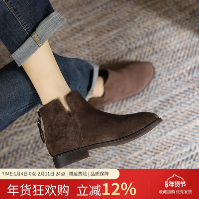 ZHR平底马丁短靴女绒面及踝裸靴