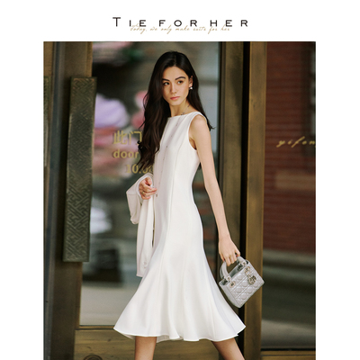 TieForHer Marie人鱼裙法式立裁显瘦优雅通勤西服白色连衣裙外套