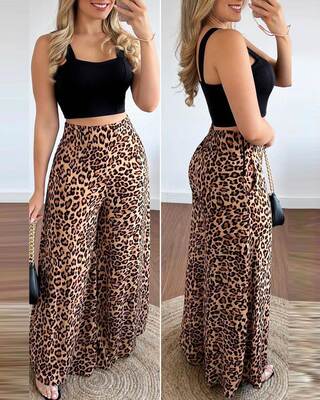 Tank Top Leopard Print Wide Leg Pants Set背心豹纹阔腿裤套装