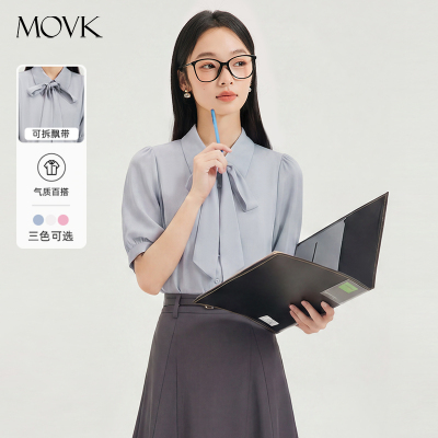 movk通勤正装短袖女衬衫轻职场蓝色职业衬衣修身蝴蝶结领早秋套装