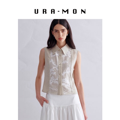 URA-MON ｜蕾丝拼接马甲 夏季新款翻领单排扣 收腰显瘦知性气质款