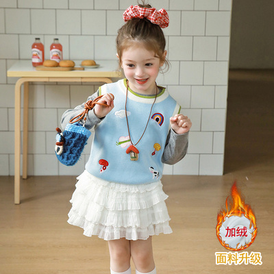 女童秋冬季新款上衣宝宝毛衣儿童加绒马甲中大童针织一体绒马夹