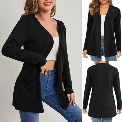 Women's plus size cardigan pocket long sleeved jacket女外套