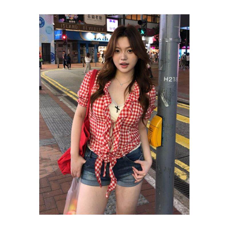 美式辣妹红色格纹短袖衬衫女夏季新款别致系带收腰显瘦气质上衣潮