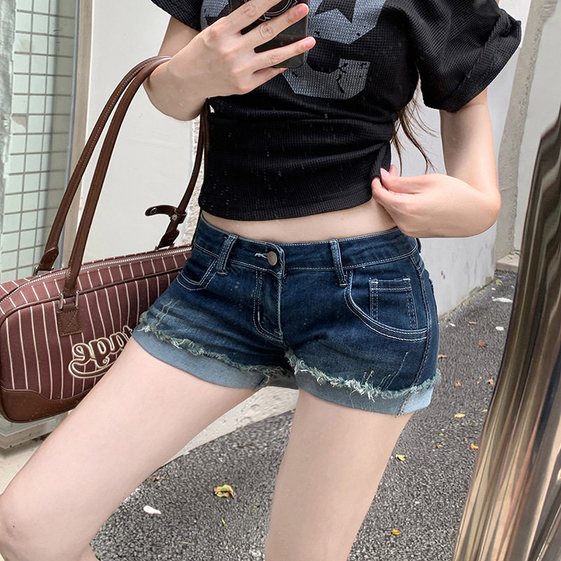 美式复古低腰牛仔短裤女夏季新款辣妹紧身显瘦百搭卷边包臀热裤子