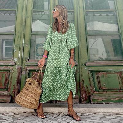 Ankle-length Breathable Lantern Sleeve Printing Long Dress W