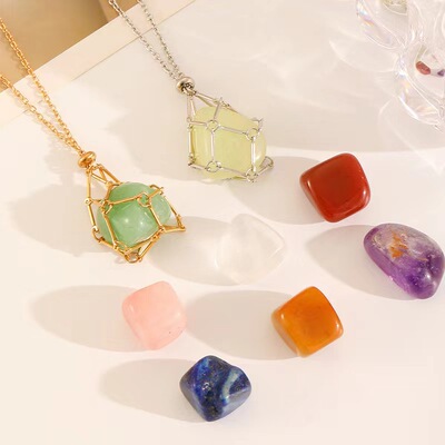 Crystal raw stone mesh bag woven metal mesh bag necklace