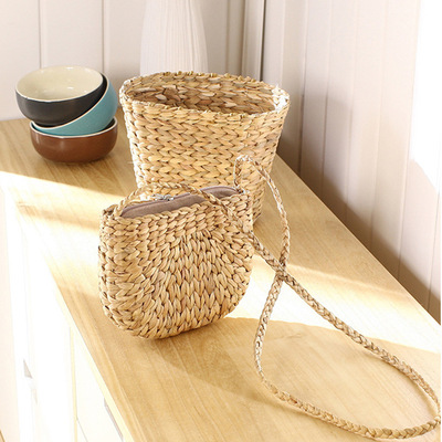 纯手工草编纯色月亮手提包纯手工制作购物草编包收纳杂物篮蒲草包