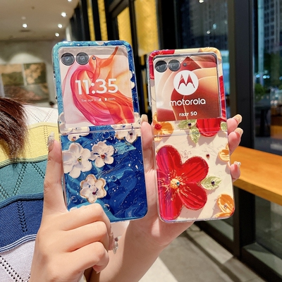 适用摩托罗拉moto razr60手机壳razr50ultra折叠屏外壳联想motorola50u蓝光油画花朵motorazr闪粉rarz文艺pro