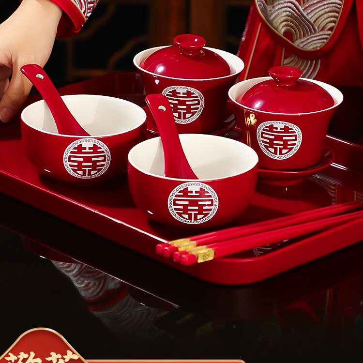 结婚用品改口敬茶杯套装一对喜碗筷杯子婚礼红色茶具敬酒陪嫁大全