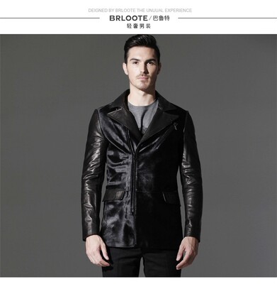 Brloote/巴鲁特孤品胎牛毛山羊皮休闲真皮皮衣男修身秋冬皮草外套