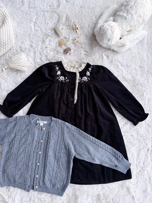 Millie baby｜2026春秋全棉灯芯绒刺绣女童连衣裙针织开衫套装