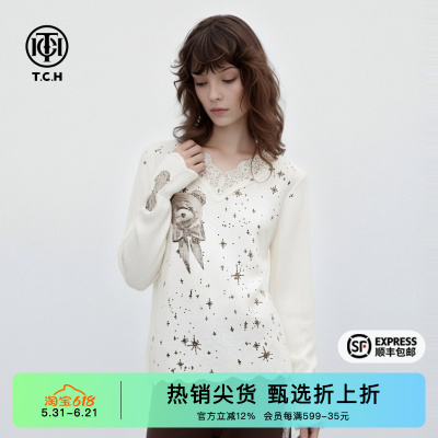 TCH私服秋冬慵懒风烫钻时尚淑女白长袖针织衫T75D09E1052轻奢tch