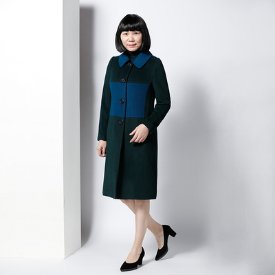 [精英衣橱]LIANGNUO靓诺秋冬款绿拼色大衣毛呢中长外套女LD13158B
