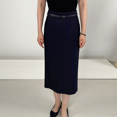 轻奢女士藏蓝细白线包臀半身裙