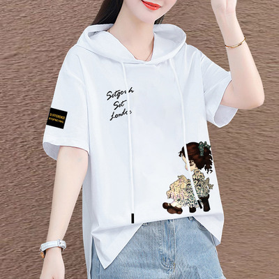 纯棉短袖T恤女2026夏季新款韩版宽松休闲百搭体恤衫减龄连帽上衣